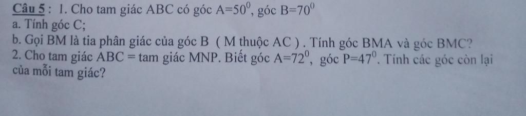 Câu 5 : 1. Cho tam giác ABC có góc A=50, góc B=70 a. Tính góc C; b. Gọi BM là tia phân giác của ...