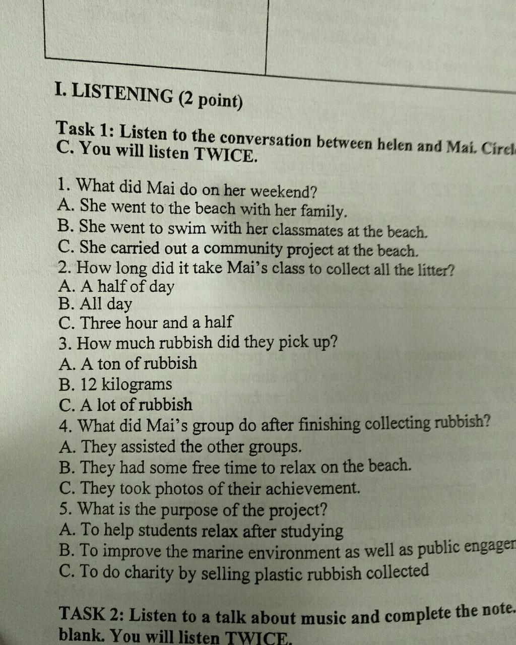 I. LISTENING (2 point) Task 1: Listen to the conversation between helen ...