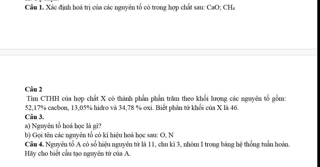 Câu 1. Xác định hoá trị của các nguyên tố có trong hợp chất sau: CaO ...