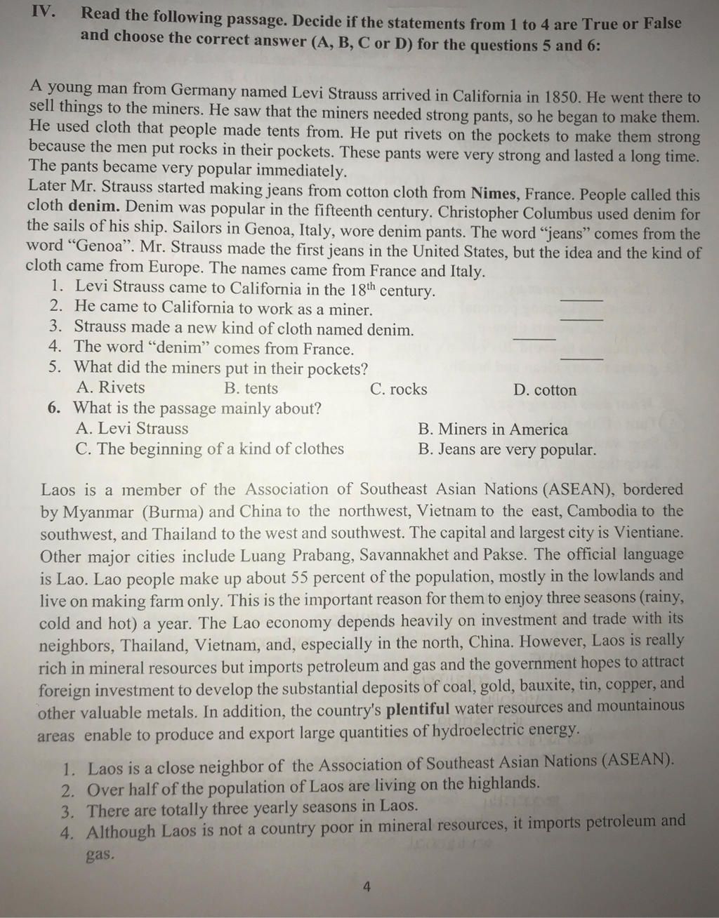 IV. Read the following passage. Decide if the statements from 1 to 4 ...