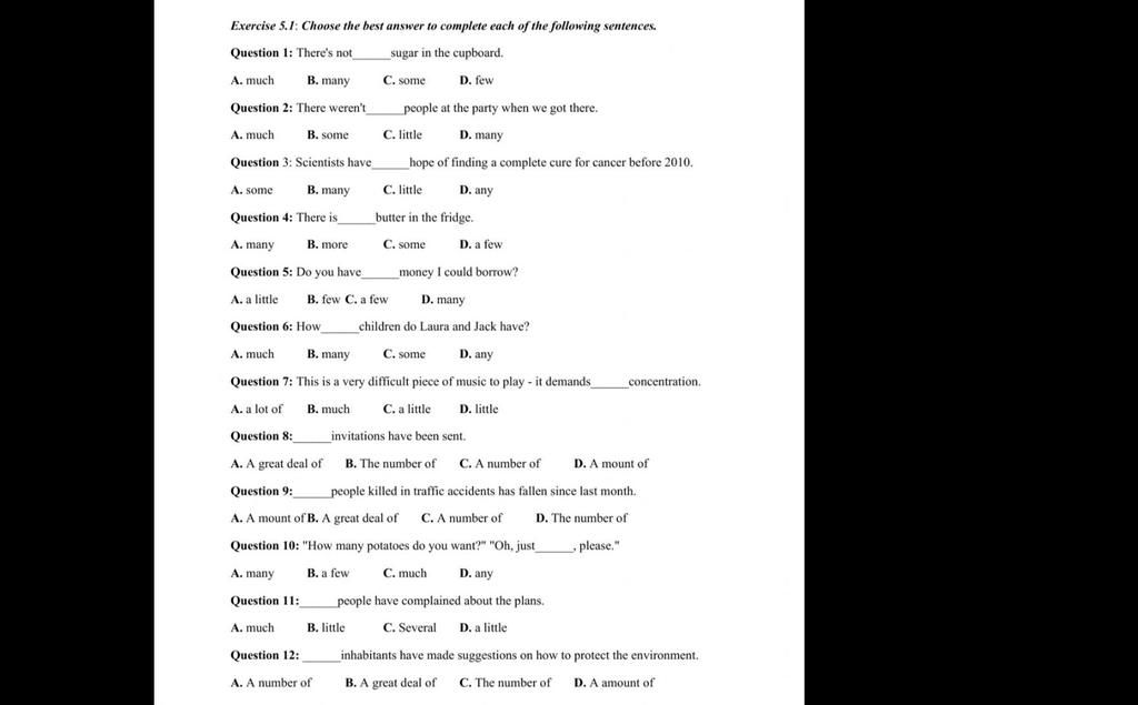 Exercise 5.1: Choose the best answer to complete each of the following ...