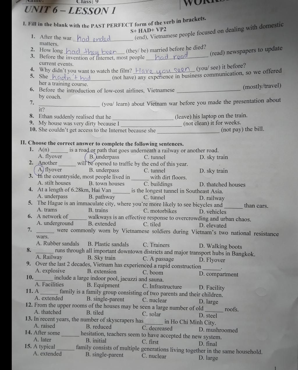 Name: lass: 9 UNIT 6-LESSON 1 I. Fill in the blank with the PAST ...