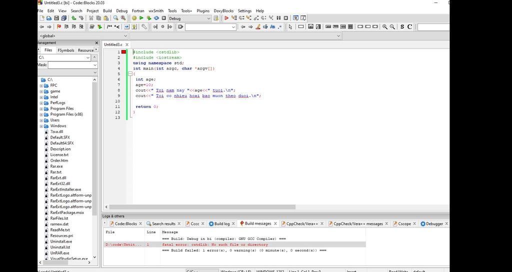 Untitled3.c [bi] - Code:Blocks 20.03 File Edit View Search Project Build Debug Fortran wxSmith ...
