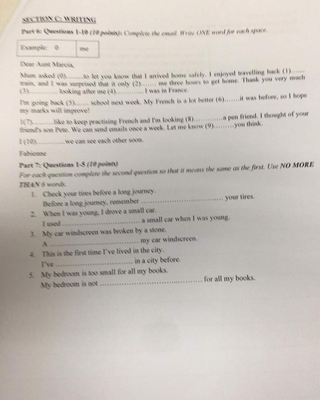 SECTION C WRITING Part&Questions 1-10 (20p): Complete the email Write ...