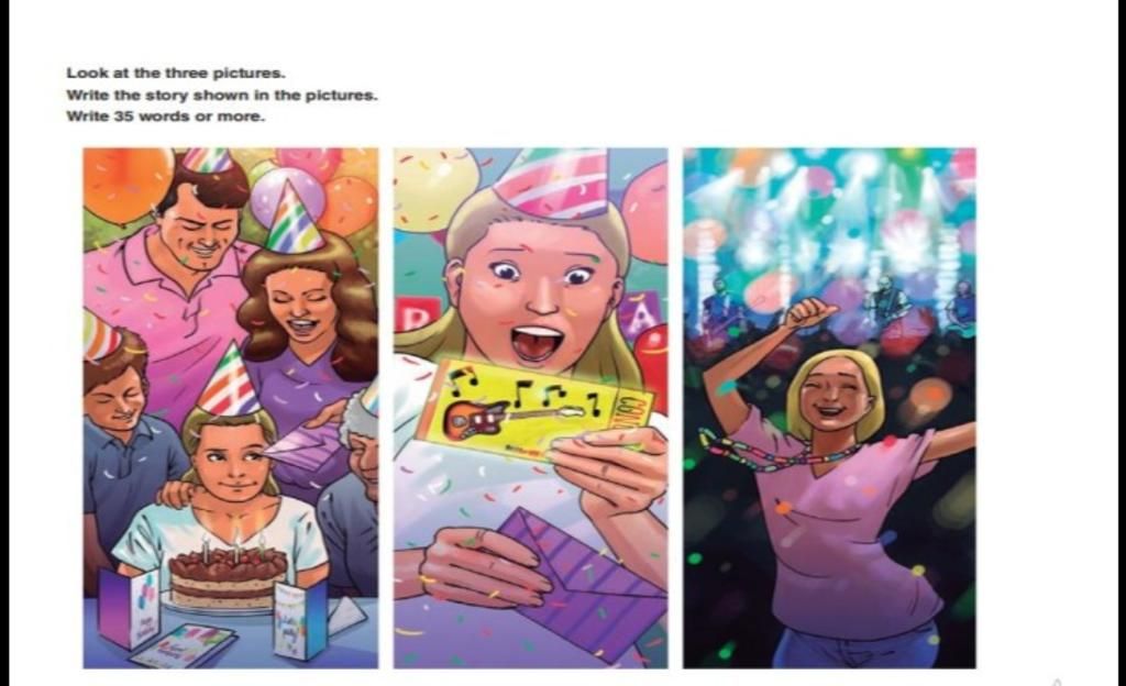 look at the three pictures. write the shown the story . write 35 or ...