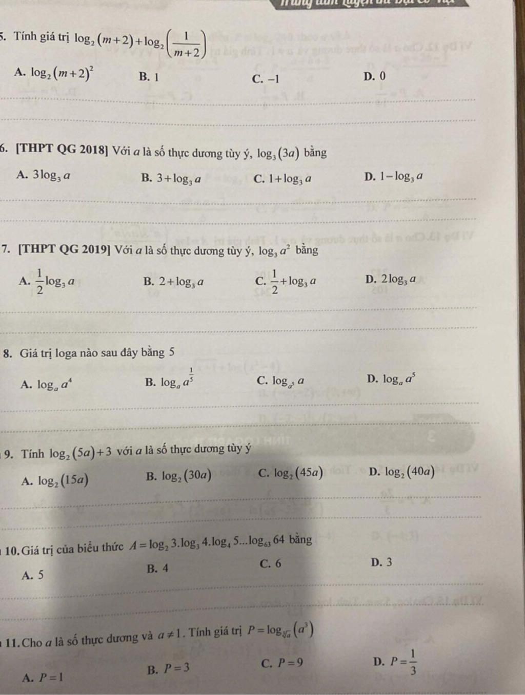 5. Tính giá trị loB, (m+2)+log,(m2) A. log₂ (m+2)² B. 1 . [THPT QG 2018 ...