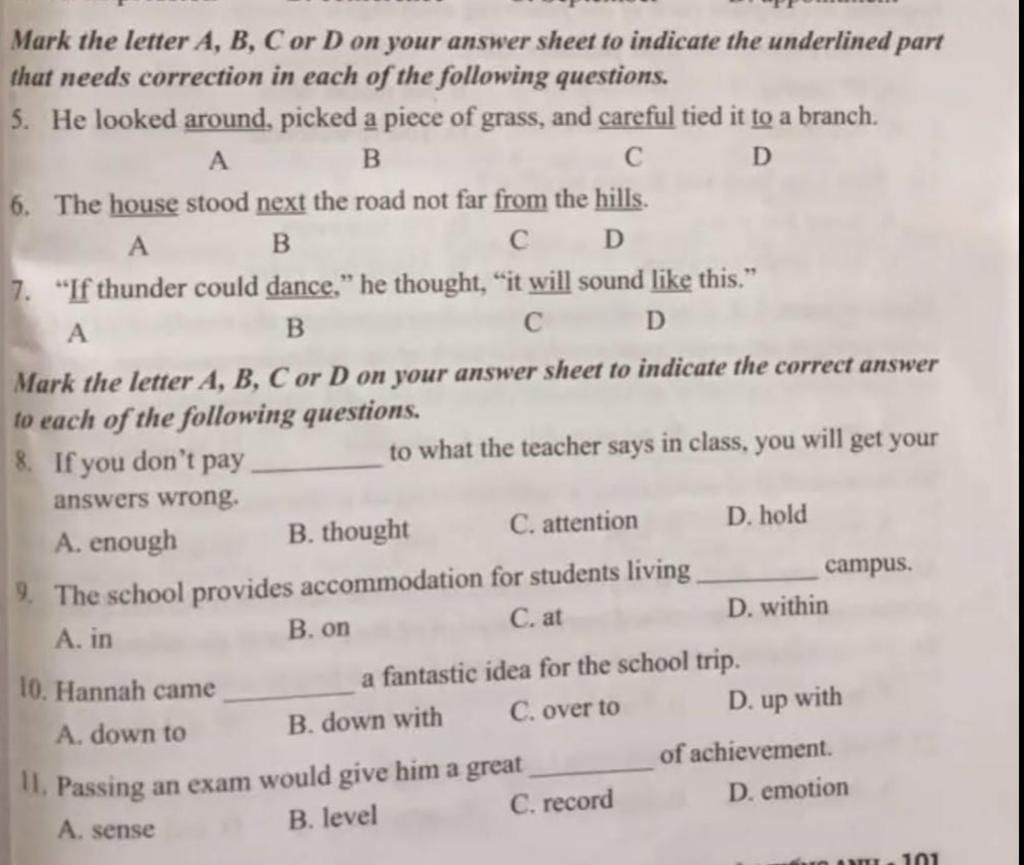 Mark the letter A, B, C or D on your answer sheet to indicate the ...
