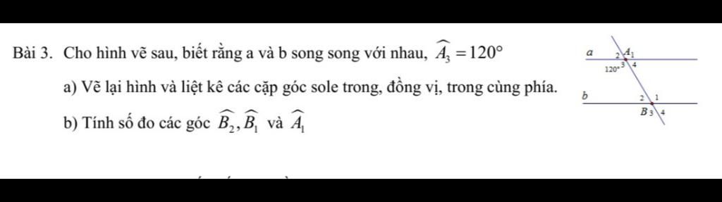 Bài 3. Cho hình vẽ sau, biết rằng a và b song song với nhau, Â =120° a ...