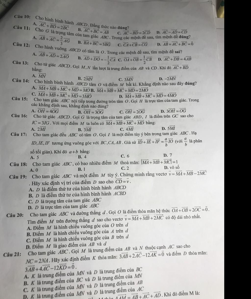 c vo Eu the Câu 10: Cho hình bình hành ABCD. Đẳng thức nào đúng? Câu 11 ...