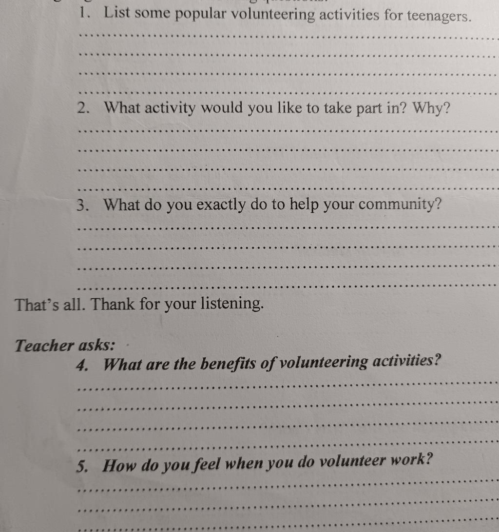 1. List some popular volunteering activities for teenagers. 2. What ...