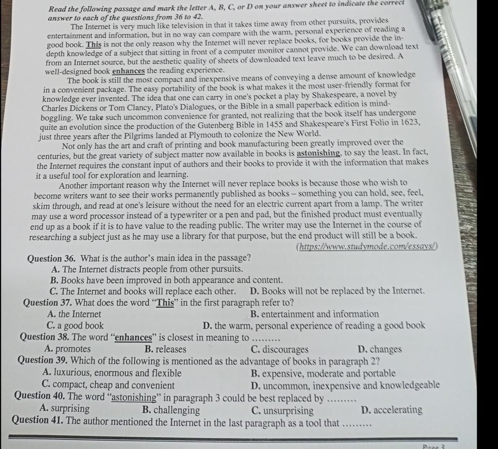 Read the following passage and mark the letter A, B, C, or D on your ...