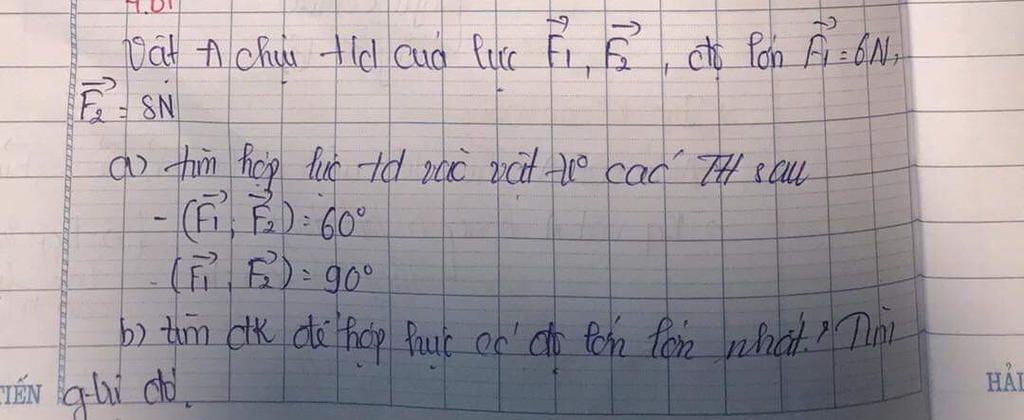 Vat A chiu ld cua luc F₁, F₂, ctc Pon Fi = 6N₁ SN a tim hap luc to vao ...