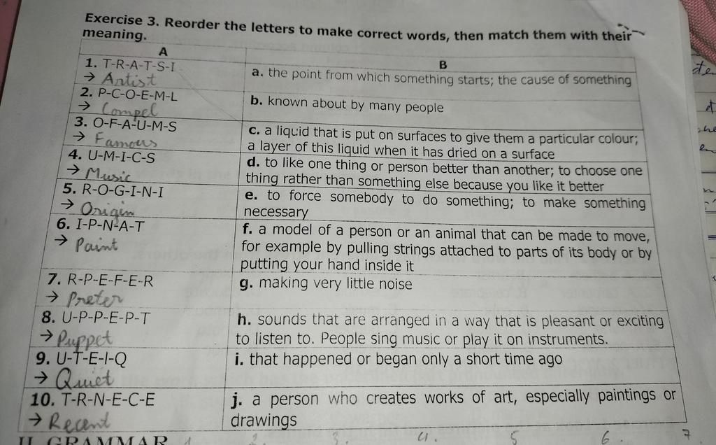 Exercise 3. Reorder the letters to make correct words, then match them ...