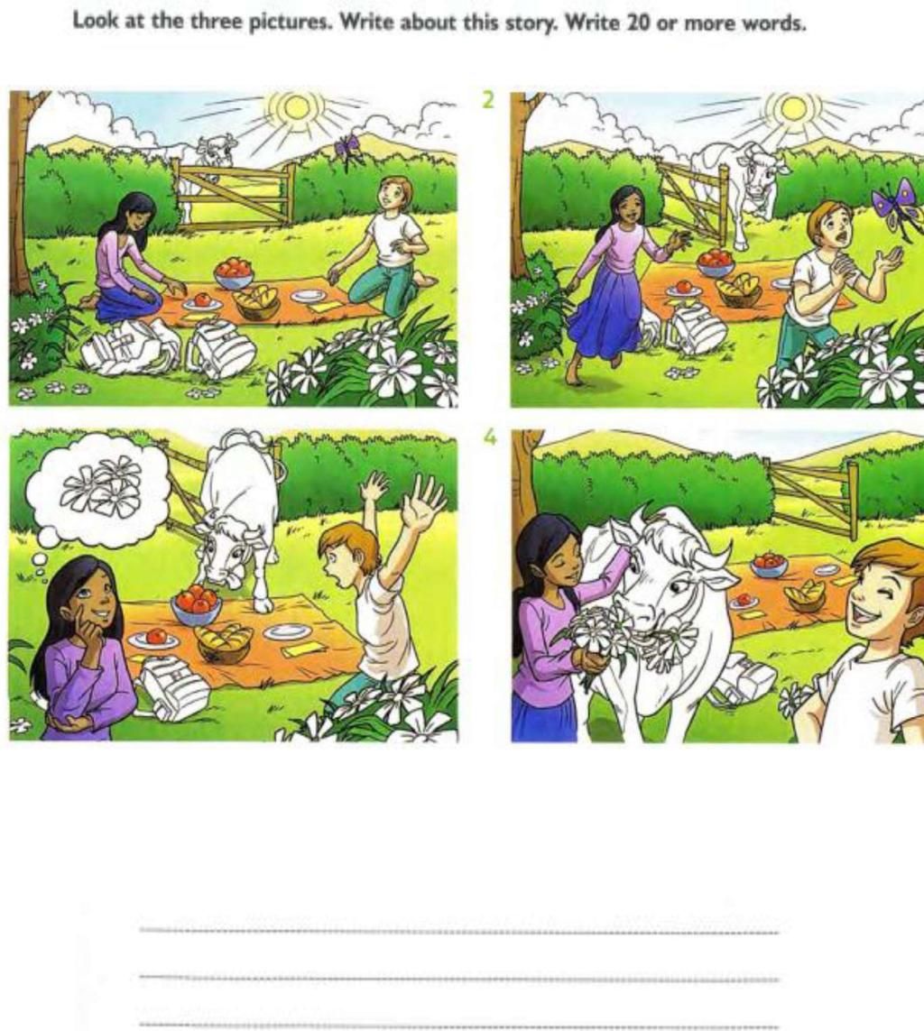 Look at the three pictures. Write about this story. Write 20 or more ...