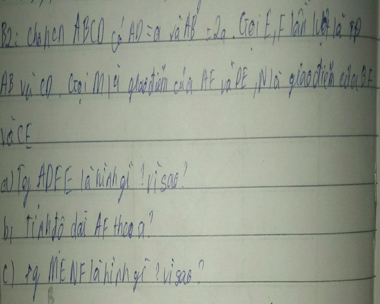 B2: Chapen ABCO 4 AD = a và HB + 2a. Crai: E, F lain Wielt la p AB jO ...