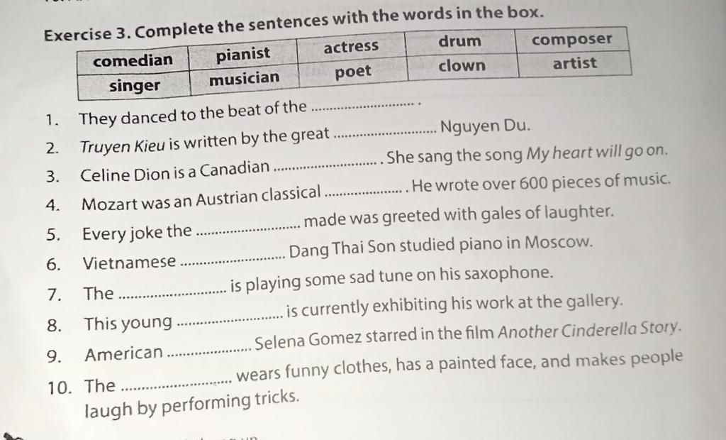 Exercise 3. Complete the sentences with the words in the box. actress ...