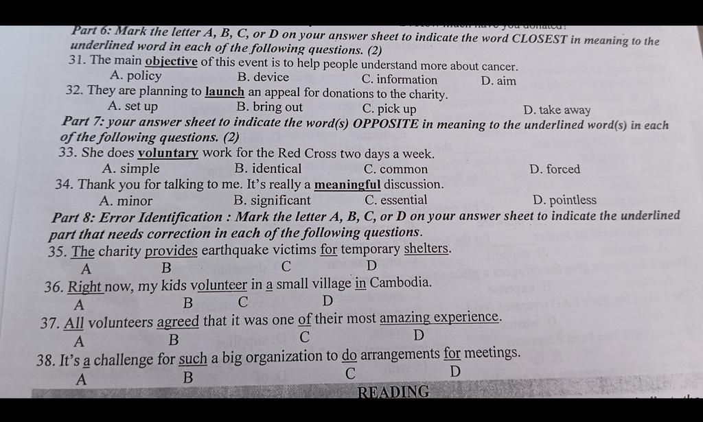 Part 6: Mark the letter A, B, C, or D on your answer sheet to indicate ...