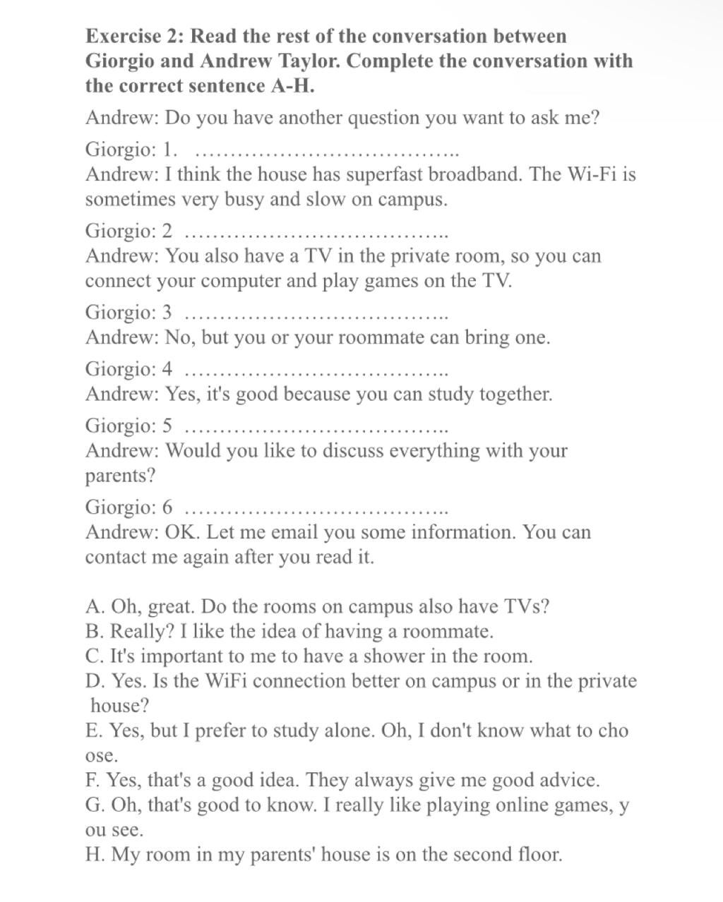 Exercise 2: Read the rest of the conversation between Giorgio and Andrew Taylor. Complete the ...