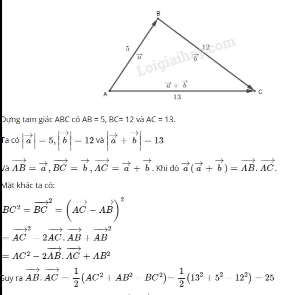 giải thích cho minh chỗ này đề bài là cho 2 vecto a và b . Vecto a = 5 , vecto b = 12 và vecto a ...