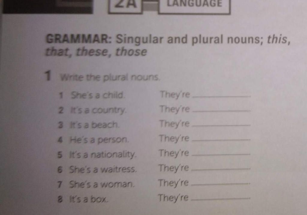 GRAMMAR: Singular and plural nouns; this, that, these, those 1 write ...
