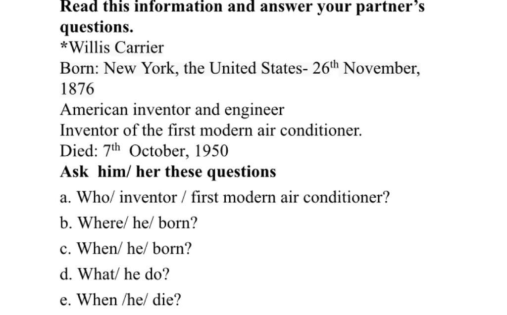 Read this information and answer your partner's questions. *Willis ...