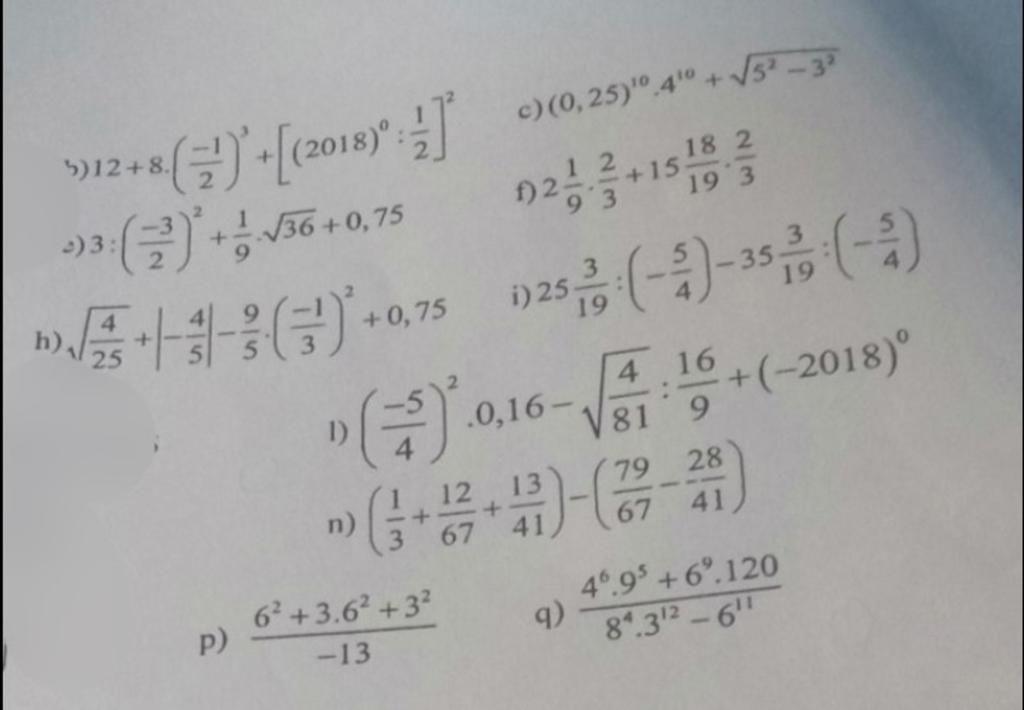 8) +(2018): 0) (0,25) 4¹° + √5² -3² 15 18 2 19 3 1) 25 - / - ( - ) - 35 ...