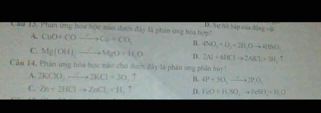 can đô. Than ứng hóa học nào dưới đây là phản ứng hóa hợp” A. CuO+ CO ...