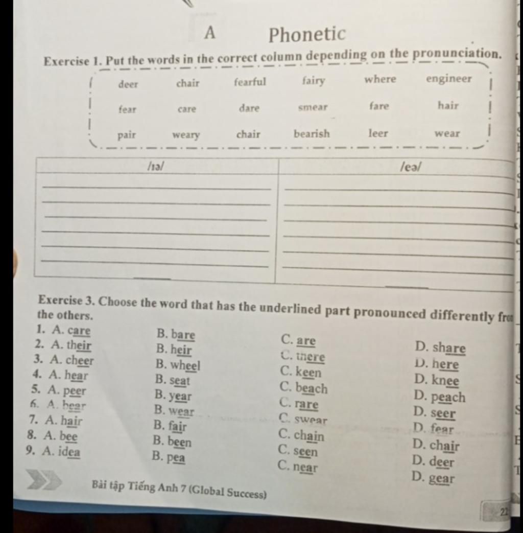 A Phonetic Exercise 1. Put the words in the correct column depending on the pronunciation. deer ...