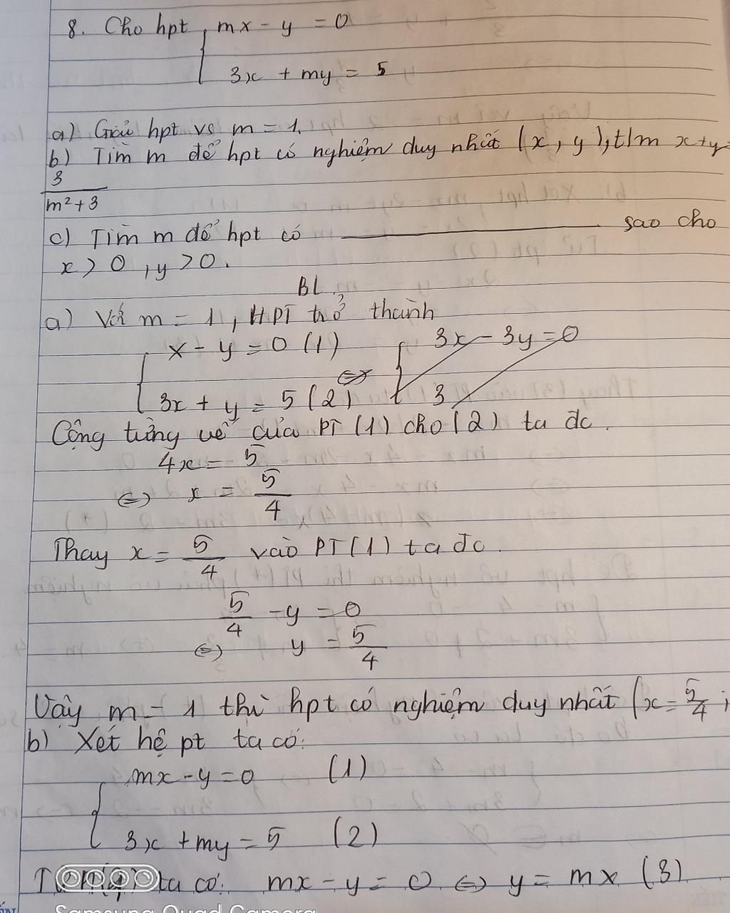 Làm giúp tôi câu b, nếu có tg làm luôn câu c ạ. C 8 Cho hpt mx- a) Gian hpt vs m = 1₁ bị Tìm m ...