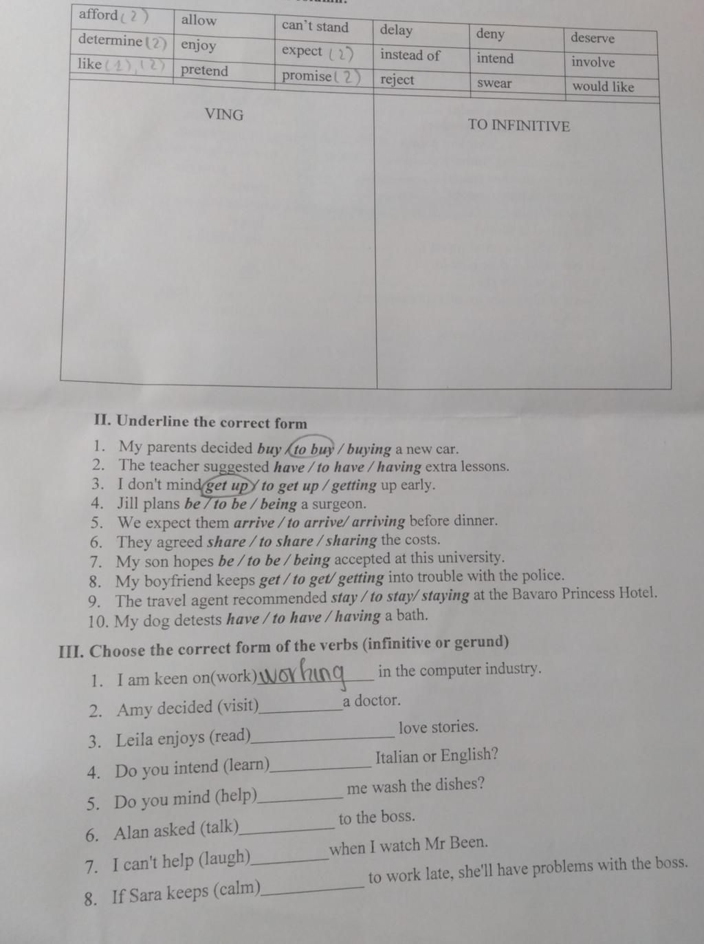 afford (2 allow determine (2) enjoy like (1), (2) pretend VING can't ...