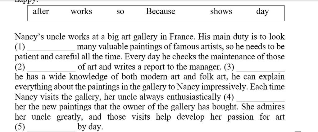 after works SO Because shows day (1) Nancy's uncle works at a big art ...