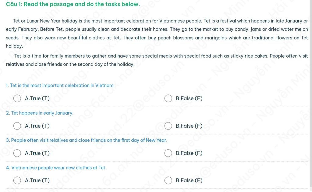 Câu 1: Read the passage and do the tasks below. Tet or Lunar New Year ...