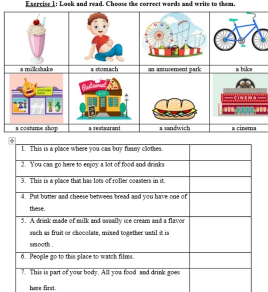 Exercise 1: Look and read. Choose the correct words and write to them ...