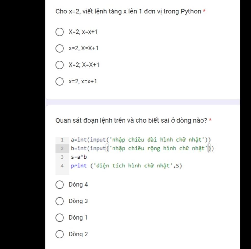 Cho x=2, viết lệnh tăng x lên 1 đơn vị trong Python * X=2, x=x+1 x=2, X ...