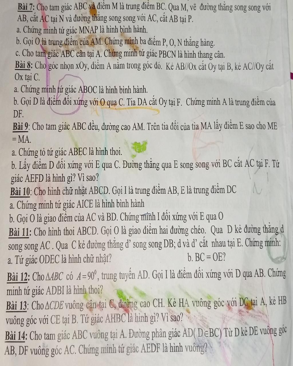 Bài 7: Cho tam giác ABC và điểm M là trung điểm BC. Qua M, vẽ đường thẳng song song với AB, cắt ...