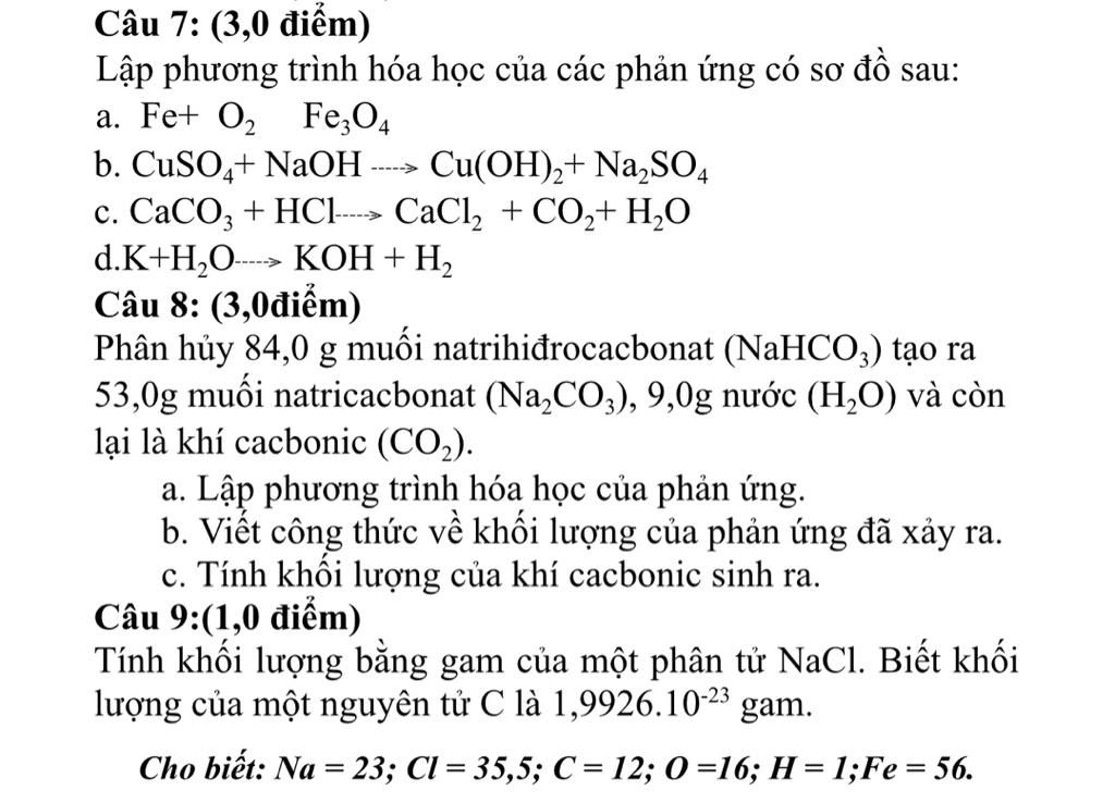 Câu 7: (3,0 điểm) Lập phương trình hóa học của các phản ứng có sƠ đồ ...