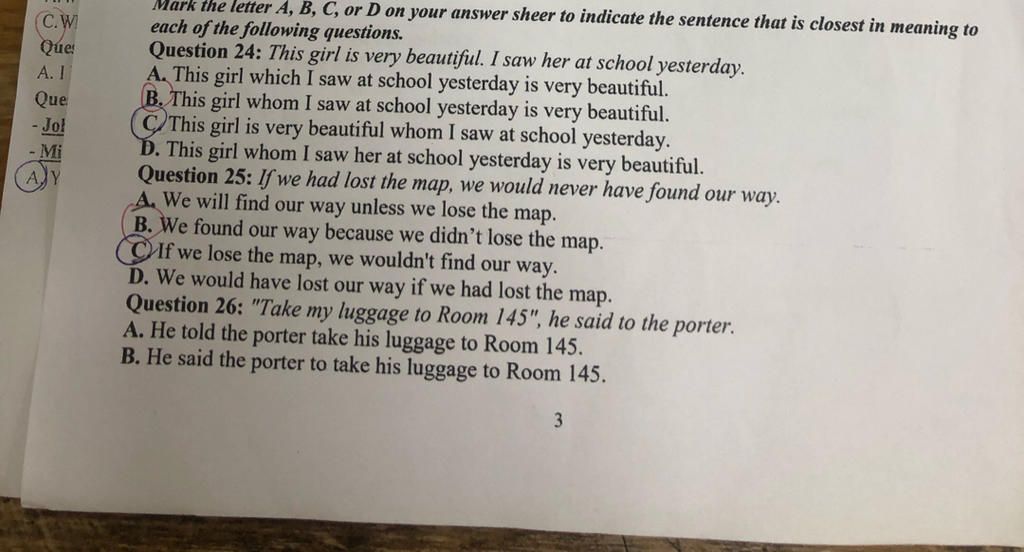 (C.W Ques A. I Que - Jol - Mi Mark the letter A, B, C, or D on your ...