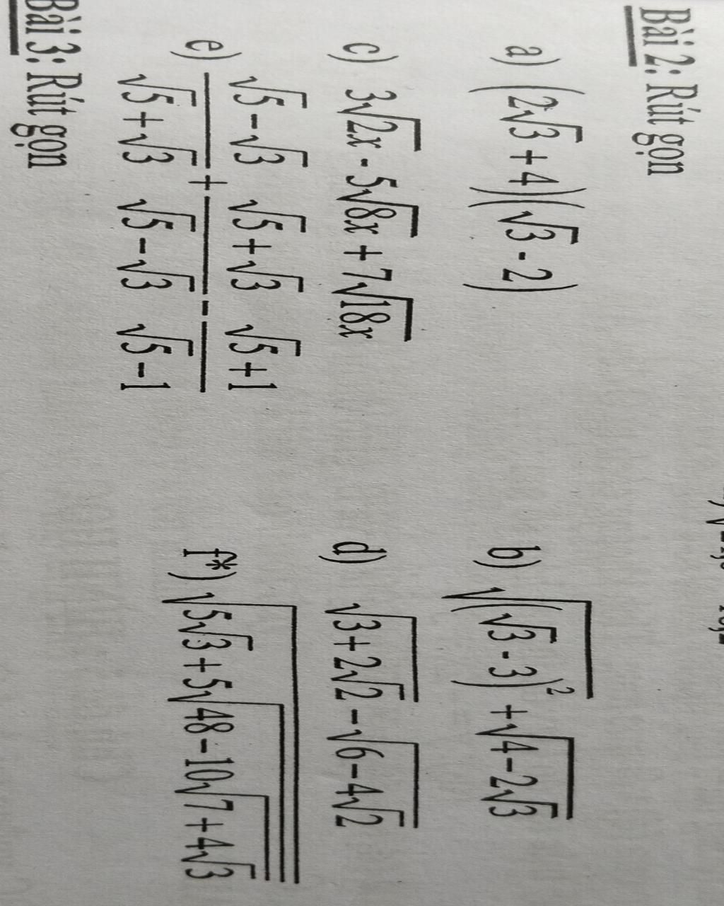 Bài 2: Rút gọn a) (25+4(5-2) c) 3√/2x-5√/8x+7√/18x √5-√3 √5+√3 √5+1 √5 ...