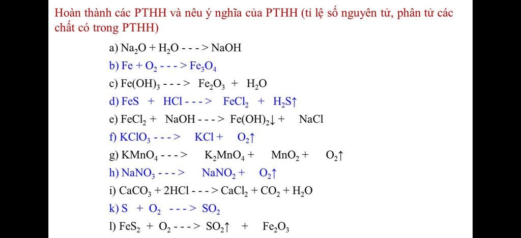 Hoàn thành các PTHH và nêu ý nghĩa của PTHH (tỉ lệ số nguyên tử, phân ...