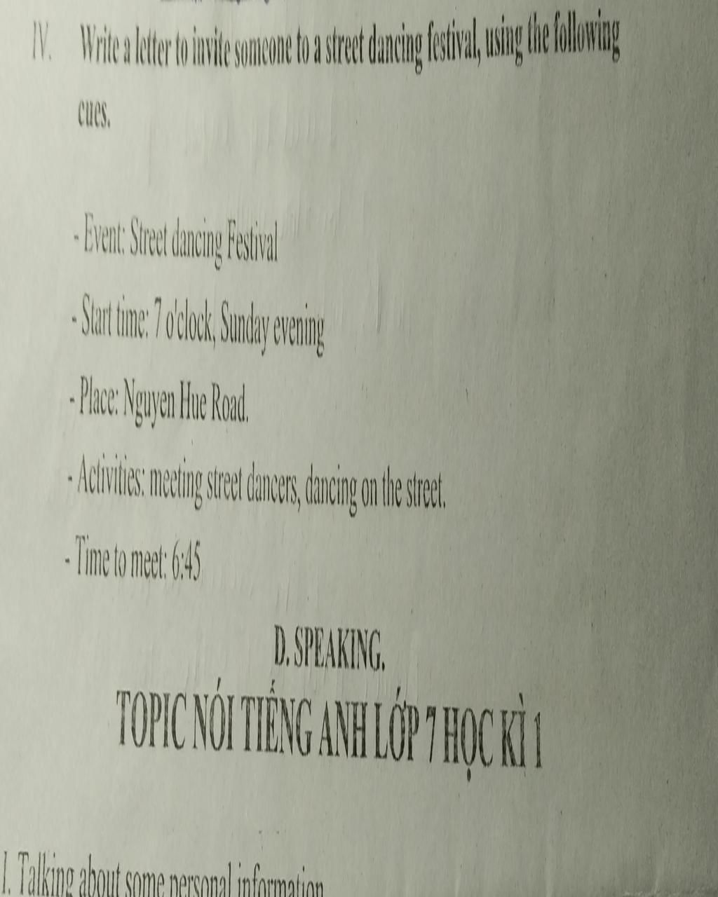 IV. Write a letter to invite cues. to street dancing festival, using ...