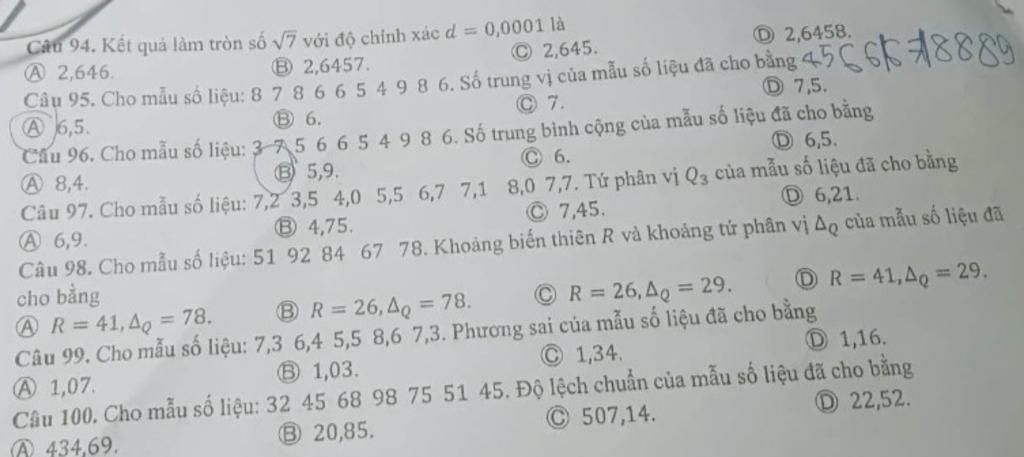 Câu 94. Kết quả làm tròn số V7 với độ chính xác d = 0,0001 là D 2,6458 ...