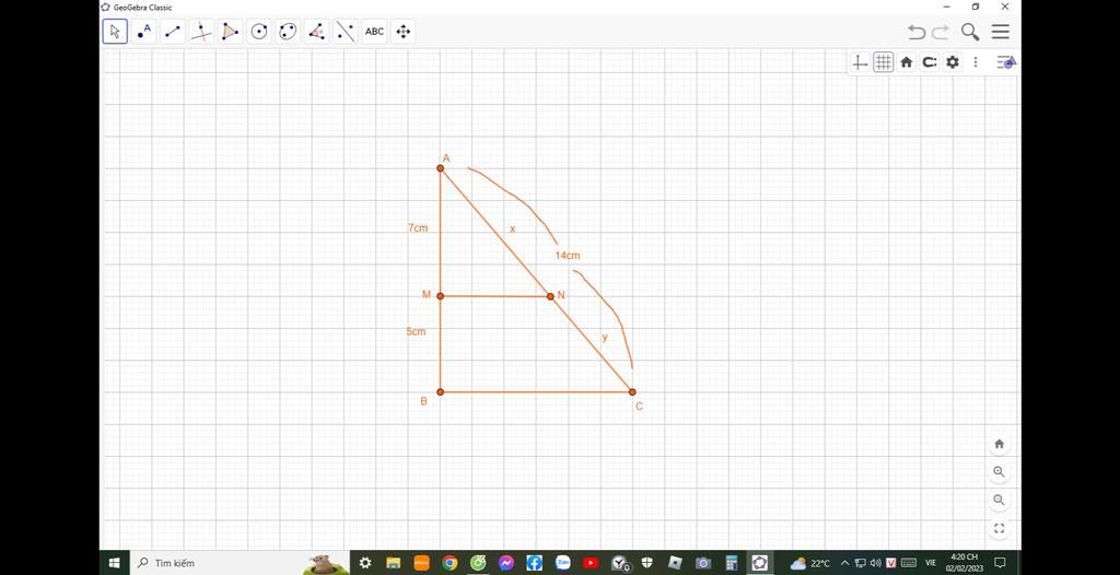 GeoGebra Classic R = A A ọ Tìm kiếm • 4ABC * 7cm M 5cm B A 9 (o f 14cm ON C # D O TO SCQ= LACO ...