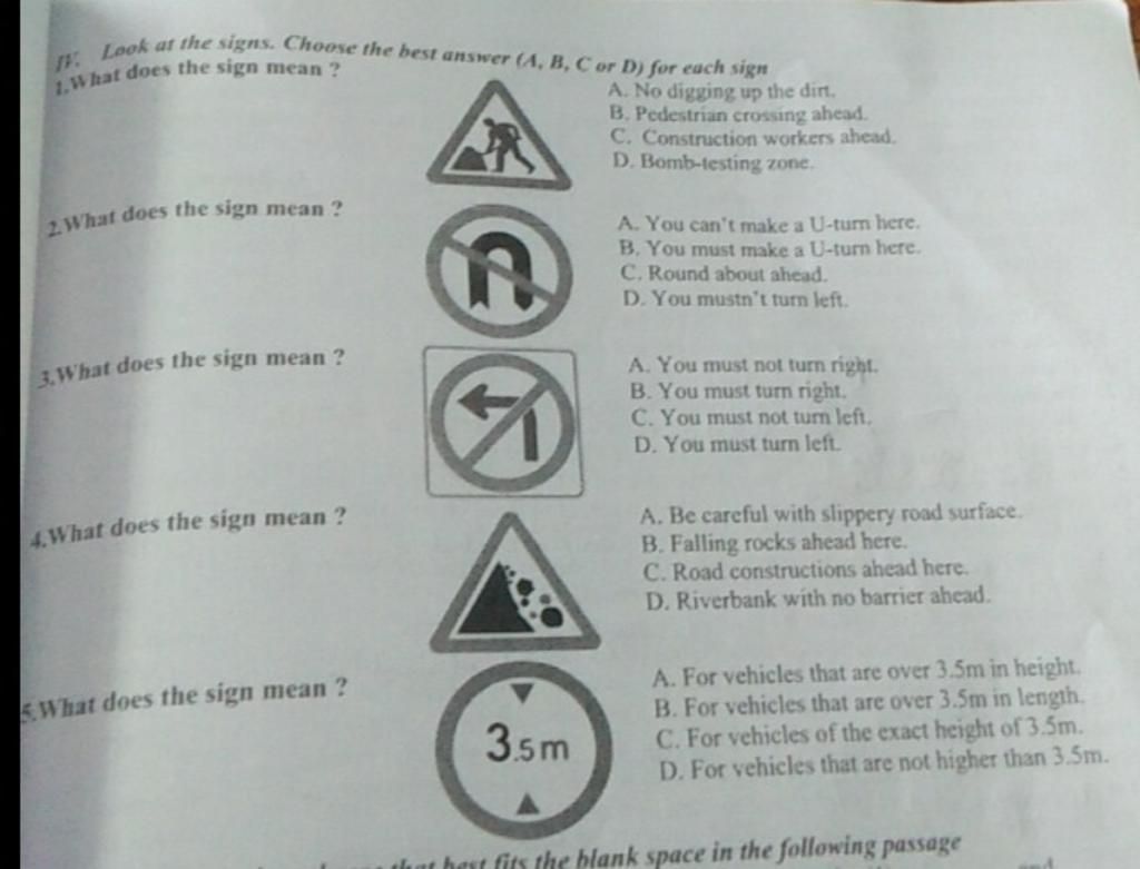 IV. Look at the signs. Choose the best answer (A, B, C or D) for each ...