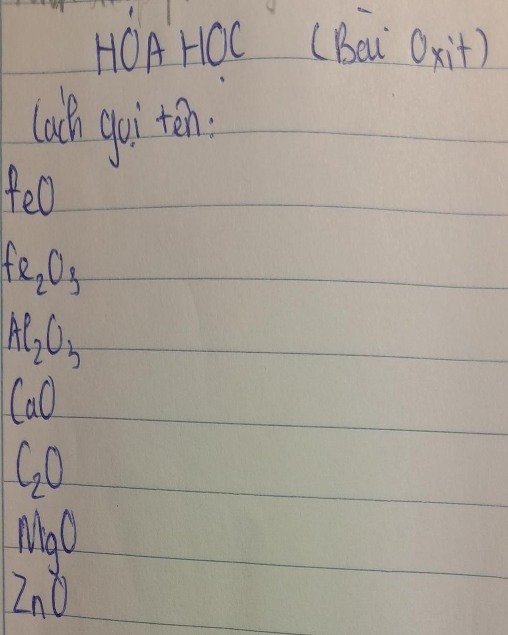 HOA HỌC (Bei Oxit) lạch gọi tên tel fez Oz Al₂O₂ CaO C₂0 Mig O ZnO