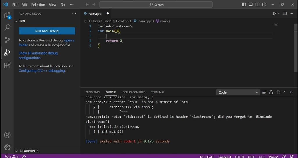 Sao e đã cài toàn bộ môi trường rồi mà VS code vẫn không chạy được code C++ như này là sao ạ ...