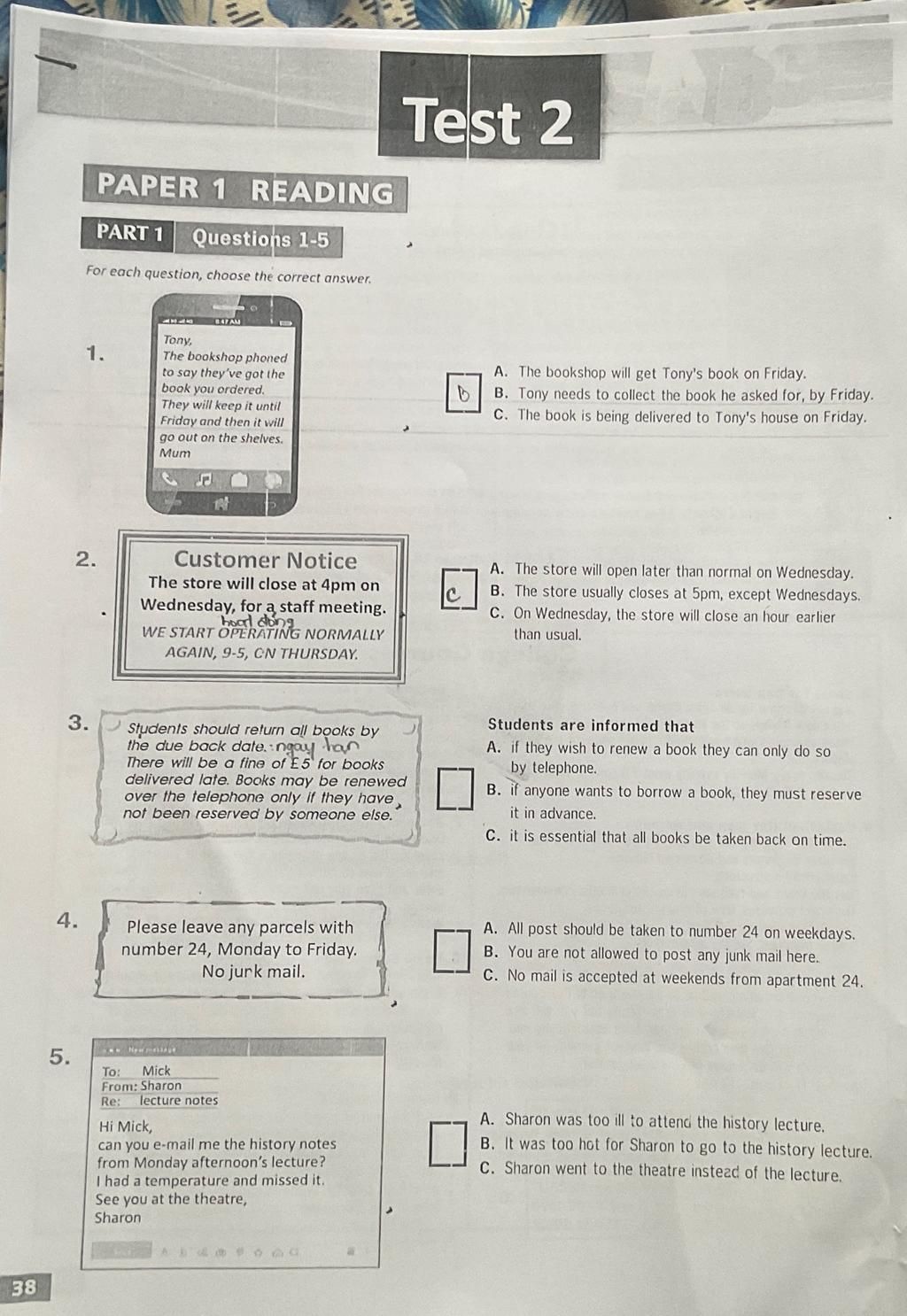 38 PAPER 1 READING PART 1 Questions 1-5 For each question, choose the correct answer. 4. 5. 1. 2 ...