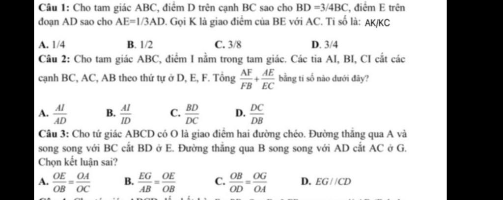 Câu 1: Cho tam giác ABC, điểm D trên cạnh BC sao cho BD =3/4BC, điểm E ...