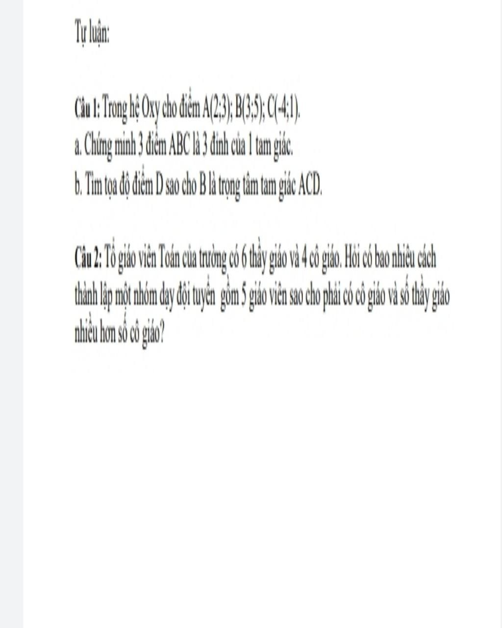 Tư lin Câu 1: Trong hệ Oxy cho điểm A(23); B(35) (41) a. Chứng minh 3 điểm ABC là 3 đỉnh của 1 ...
