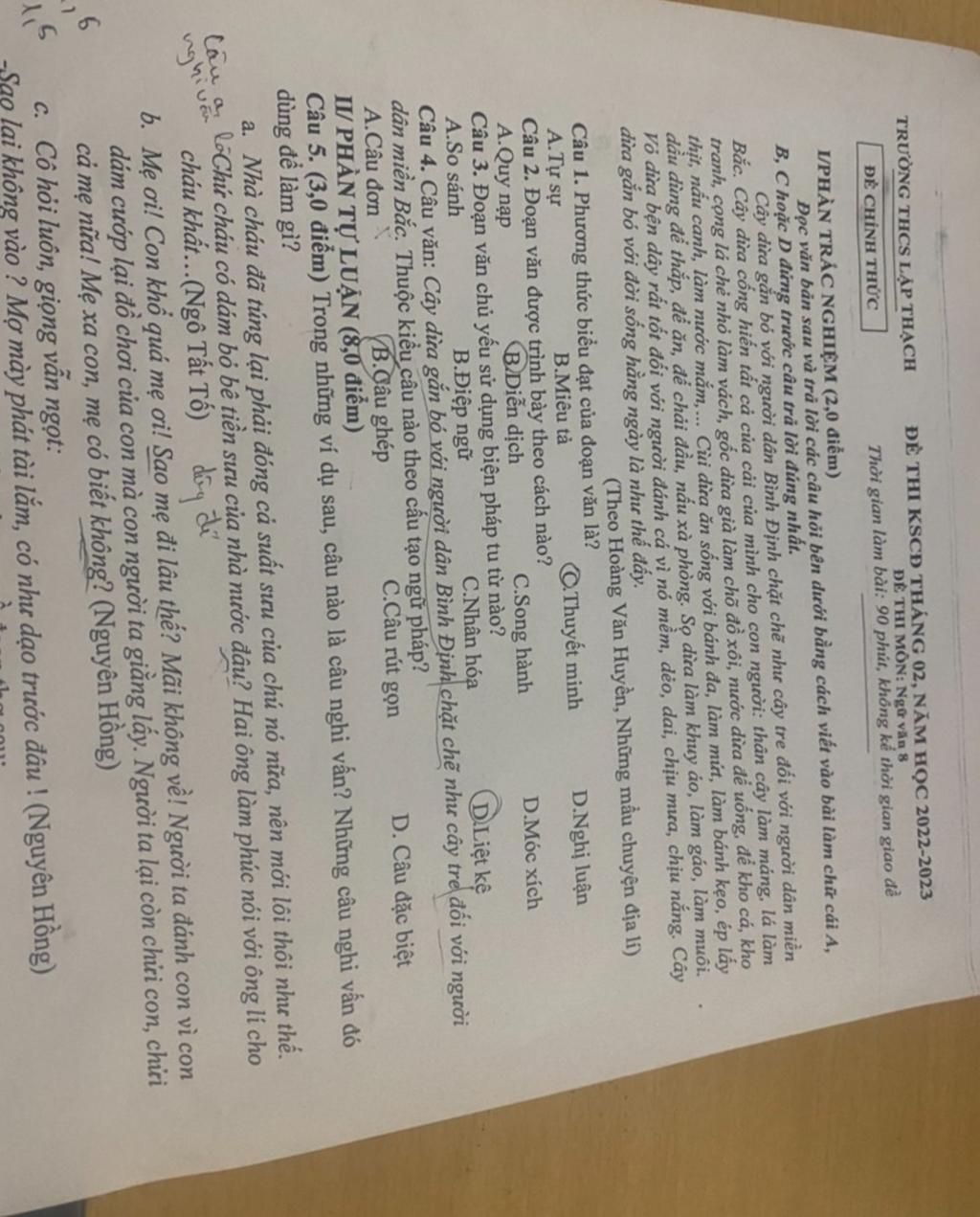 TRƯỜNG THCS LẬP THẠCH ĐỀ CHÍNH THỨC 15 به سما 1,5 UPHÀN TRÁC NGHIỆM (2 ...