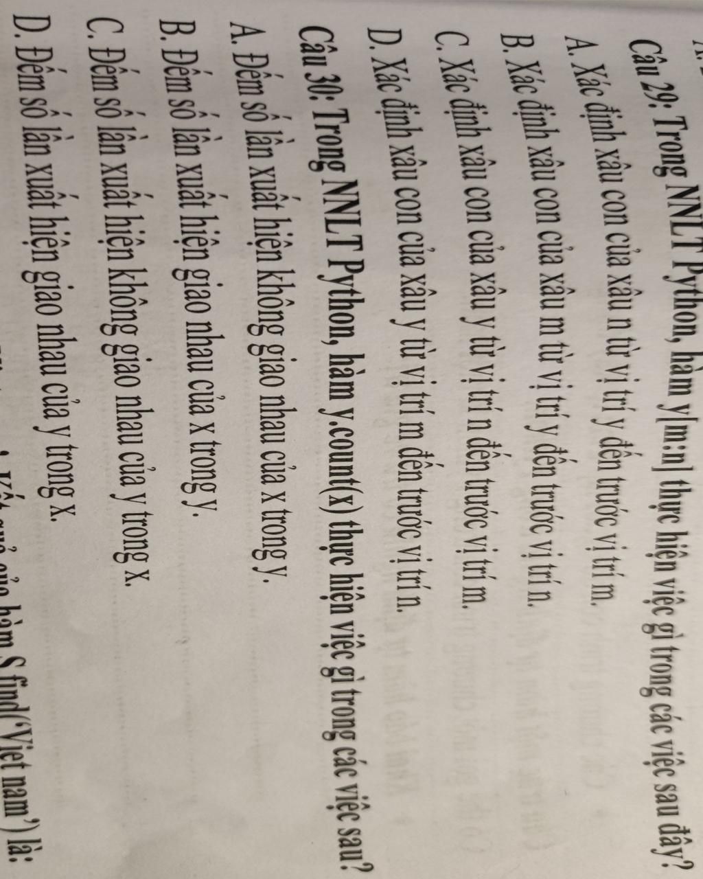 Cho em đáp án của 2 câu này với ạ Câu 29: Trong NNLT Python, hàm yếm:n ...